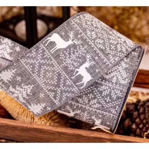 Grey Festive Reindeer Nordic Ribbon 63mm x 10yrds