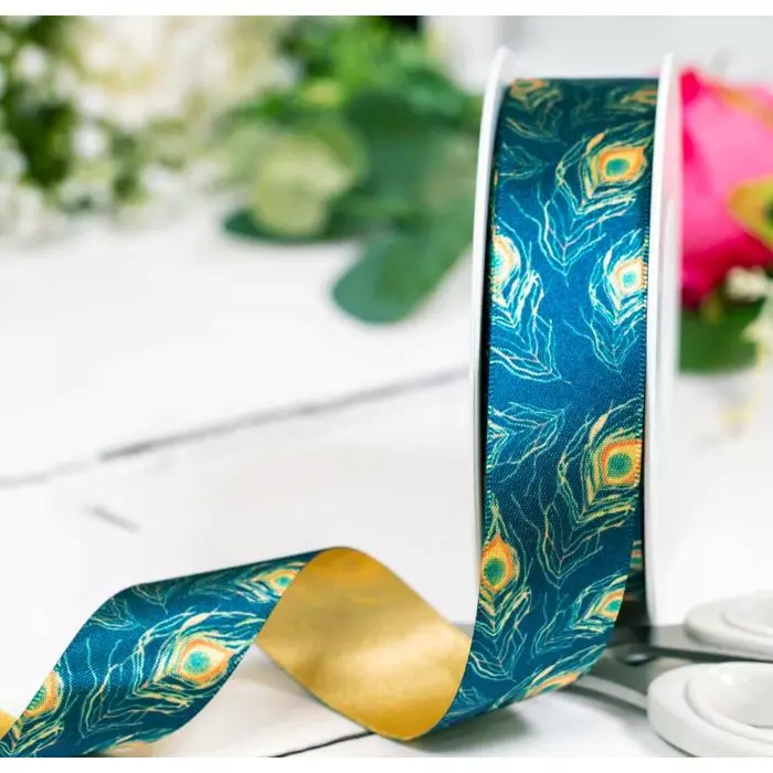 25mm x 20m Blue & Gold Satin Peacock Ribbon By Berisfords