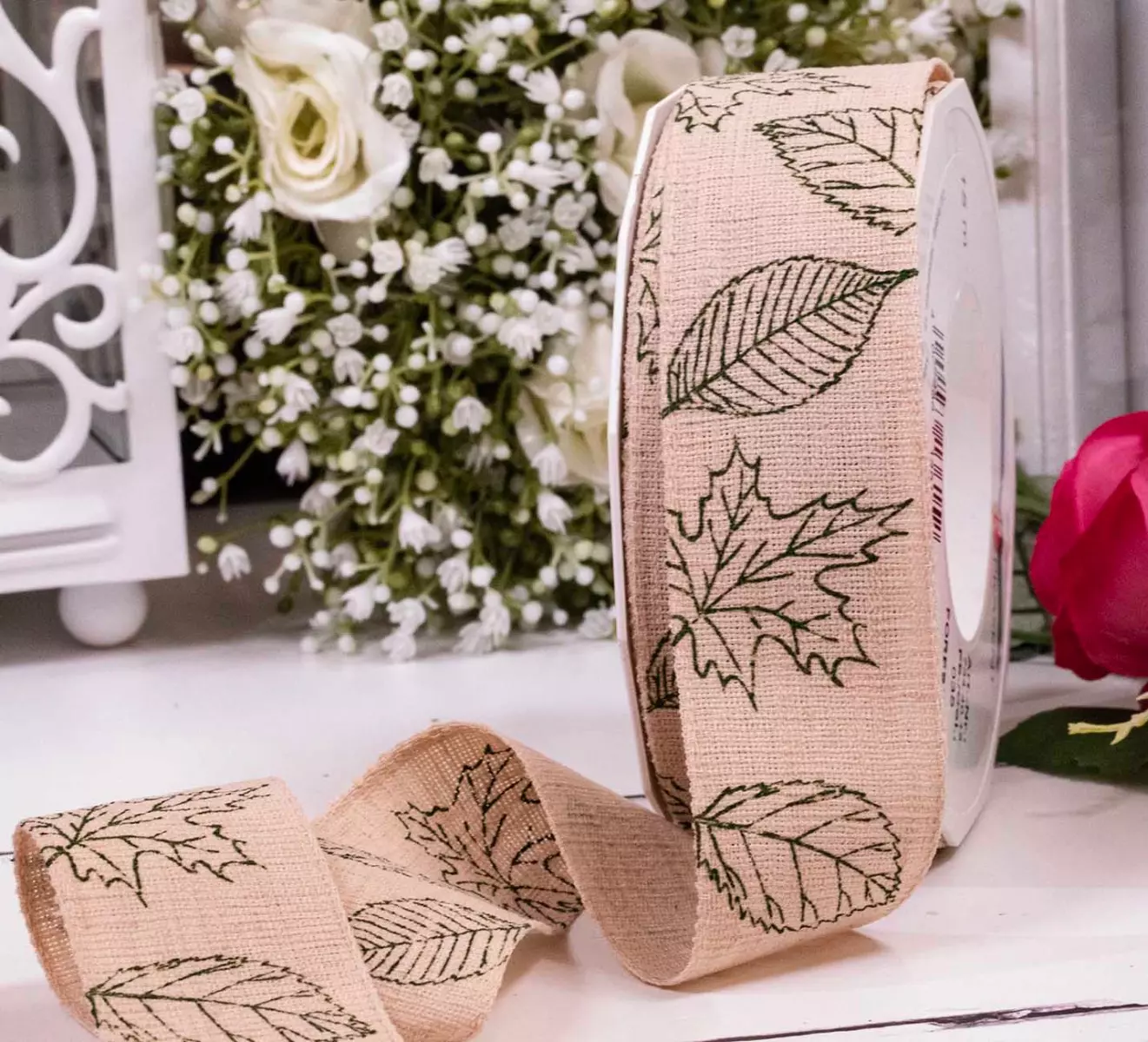 Linen Look Forest leaf Print Ribbon - 40mm x 15m