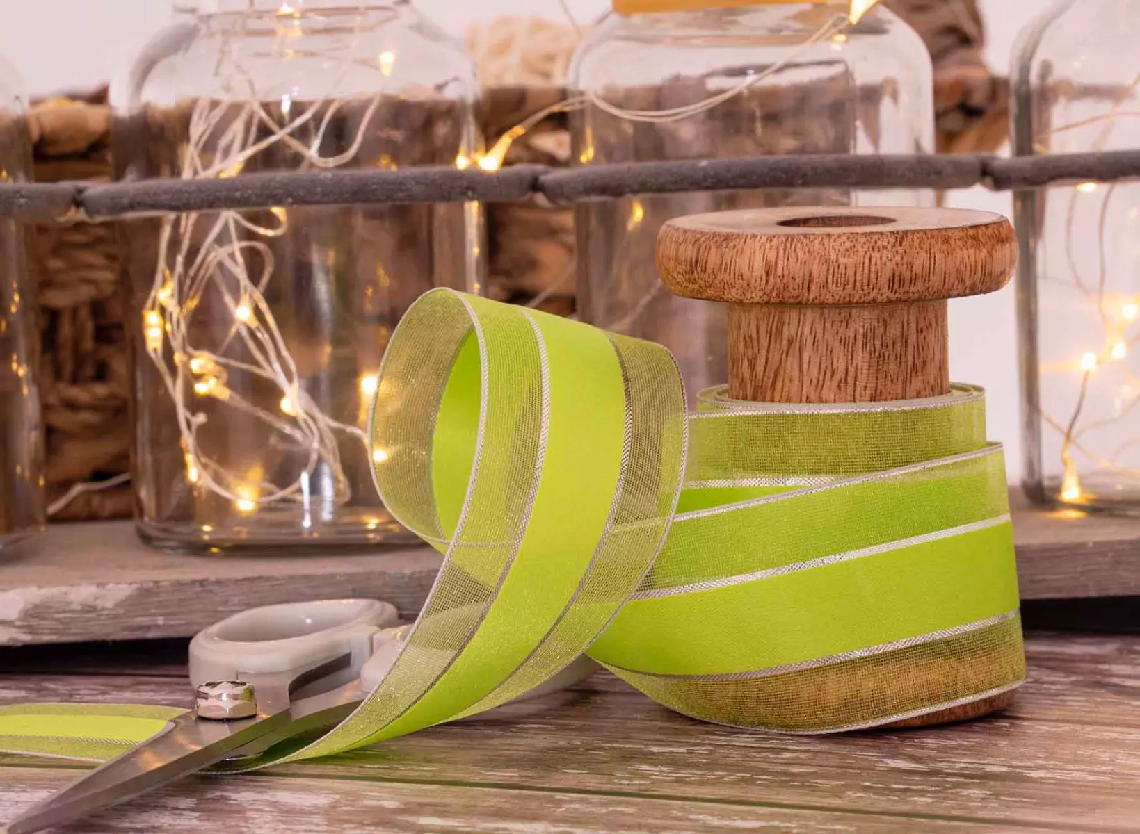 Meadow Green Sheer Ribbon With Satin Centre Stripe 38mm x 25m