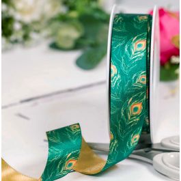 15mm x 20m Green & Gold Peacock Ribbon - Berisfords
