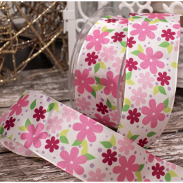 40mm x 20m Floral Ribbon Pink Flowers - Wired