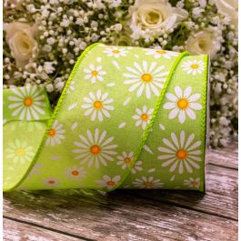 Daisy Print Ribbon In Green 63mm x 10 yards